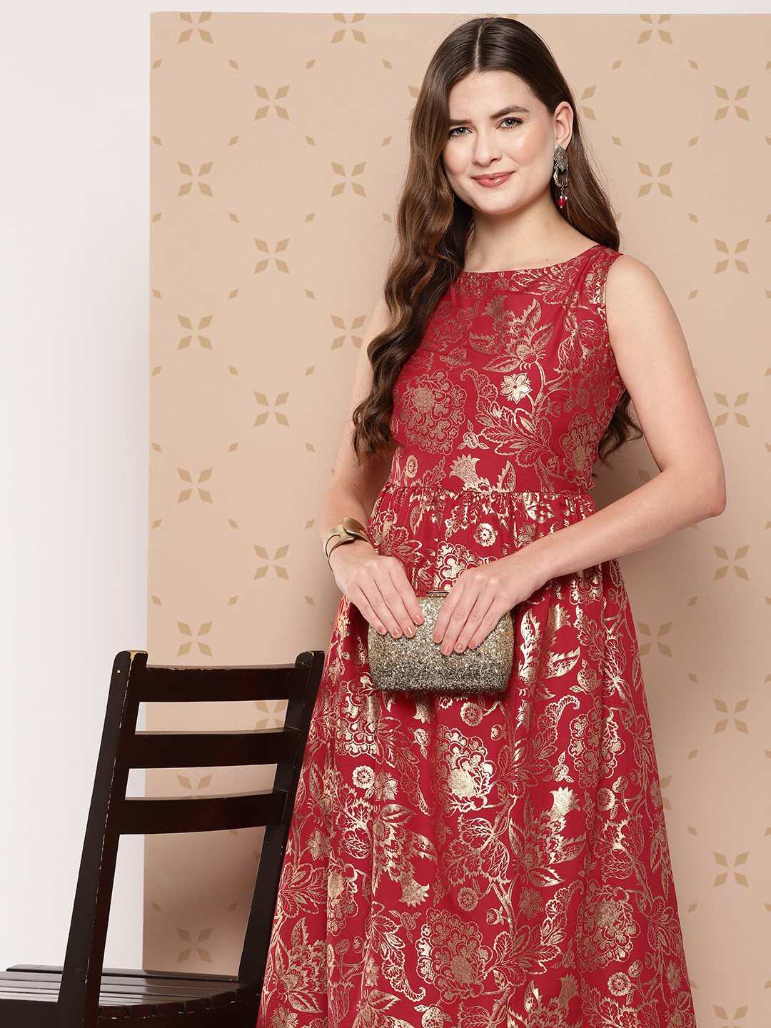 Buy Sangria Floral Foil Printed Ethnic Midi Dress - Ethnic Dresses for ...