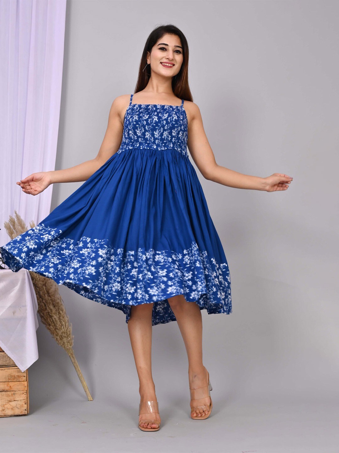 Buy Kalini Floral Printed Shoulder Straps Smocked Fit And Flare Midi