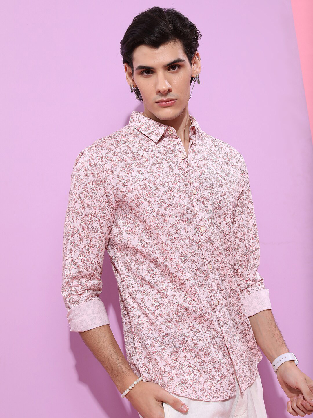 Buy HIGHLANDER Men Pink Slim Fit Floral Opaque Printed Cotton Casual ...