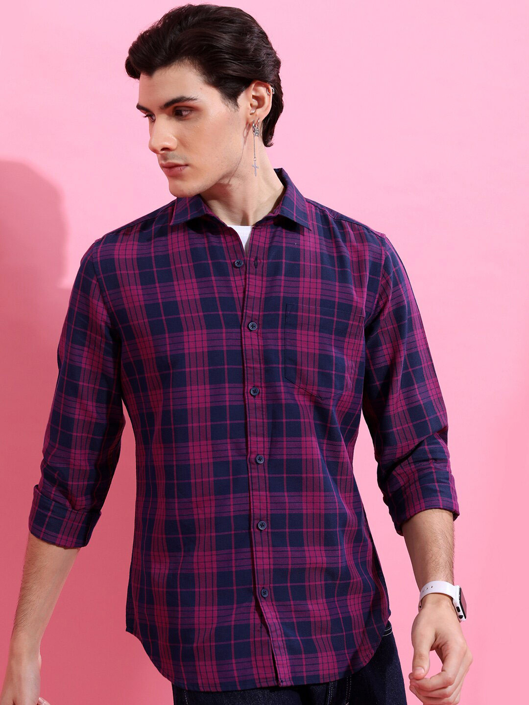 Buy HIGHLANDER Men Pink Slim Fit Opaque Checked Casual Shirt - Shirts ...