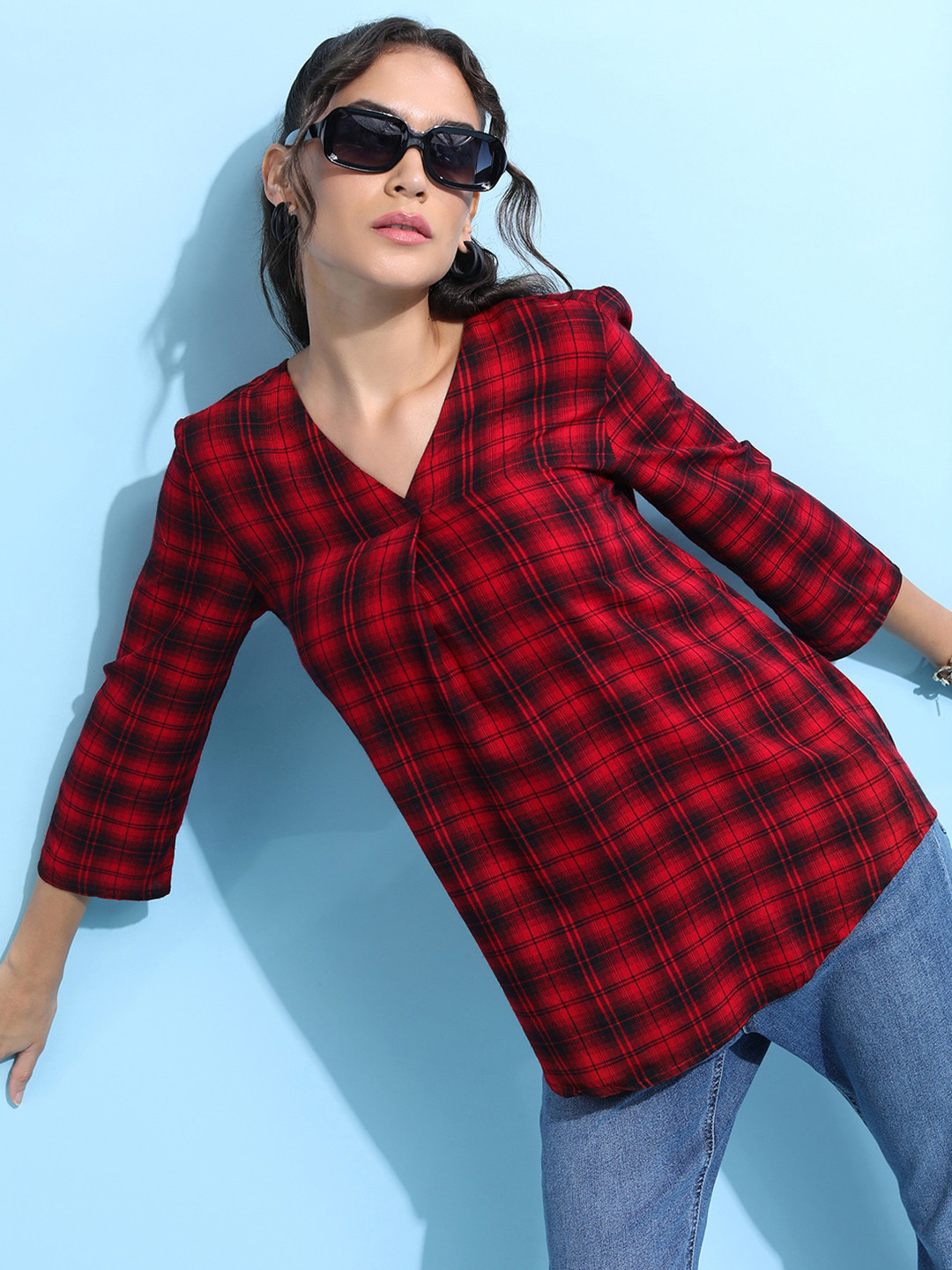 Buy Tokyo Talkies Red & Black Checked V Neck Top - Tops for Women ...