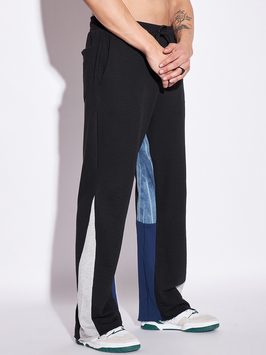 Buy FUGAZEE Black Men Colourblocked Pure Cotton Flared Fit Track Pants ...