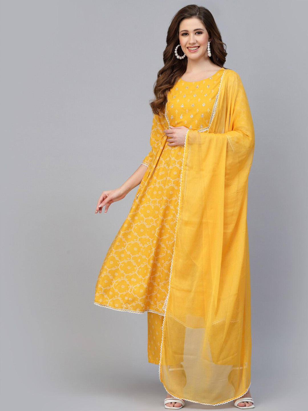 Buy KBZ Floral Printed Thread Work Kurta With Palazzos & With Dupatta ...