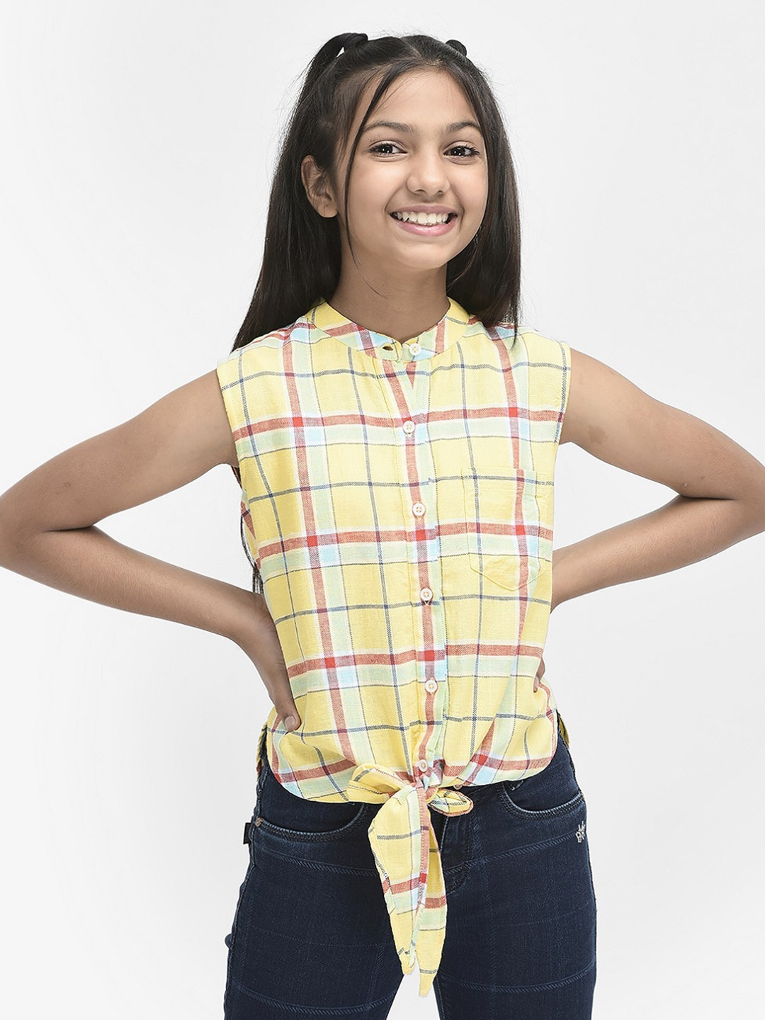 Buy Crimsoune Club Girls Slim Fit Checked Mandarin Collar Sleeveless ...