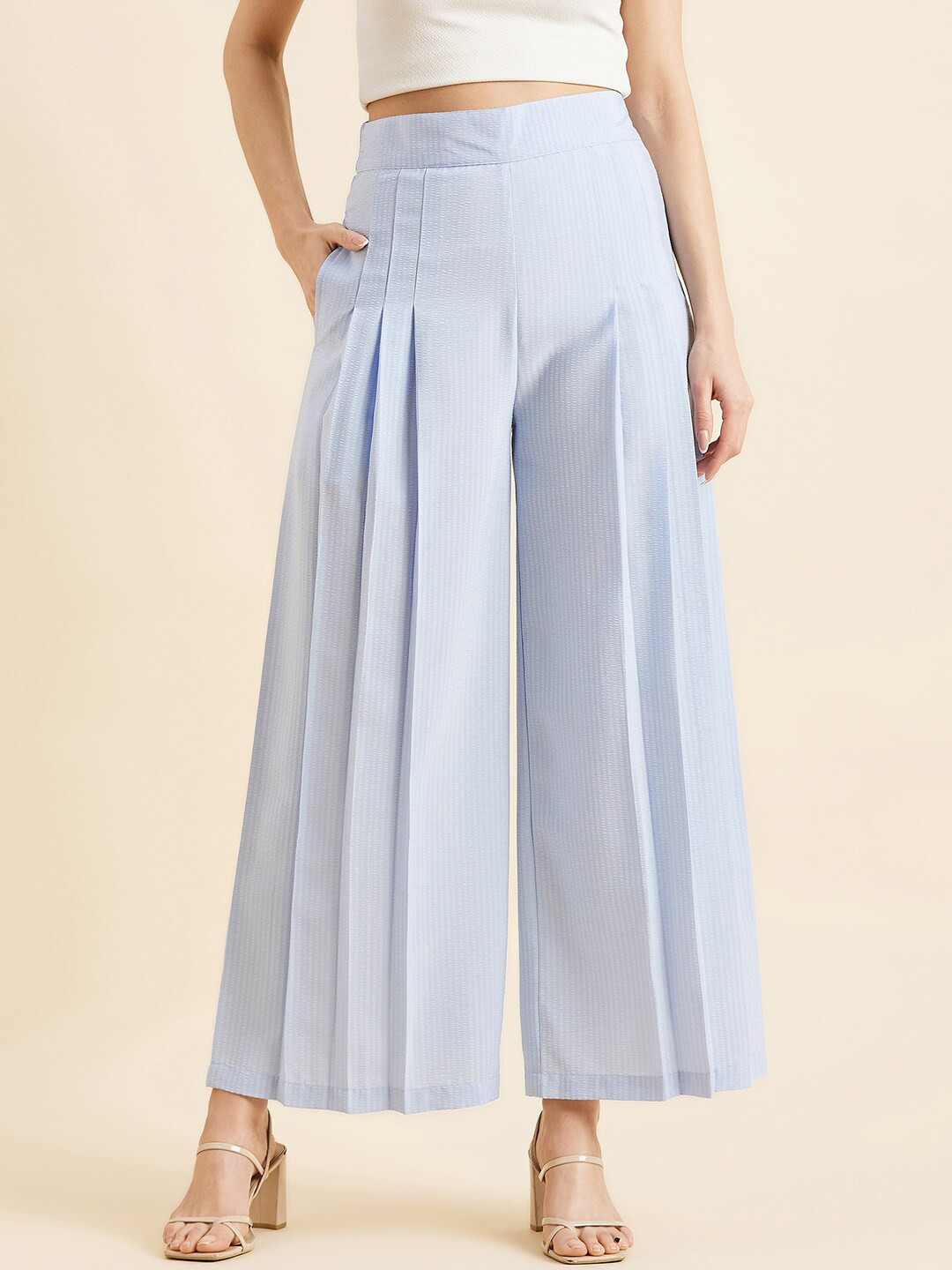 Buy PANIT Blue Women Self Design Pleated Parallel Trouser - Trousers ...