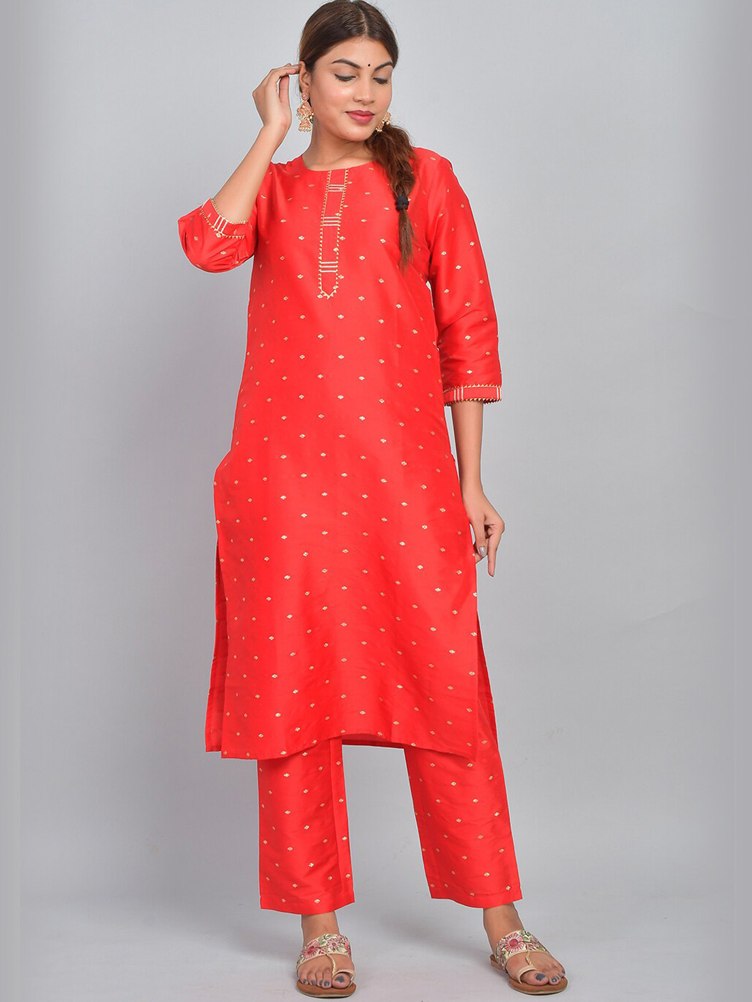 Buy Riara Ethnic Motifs Woven Design Gotta Patti Kurta With Trousers ...