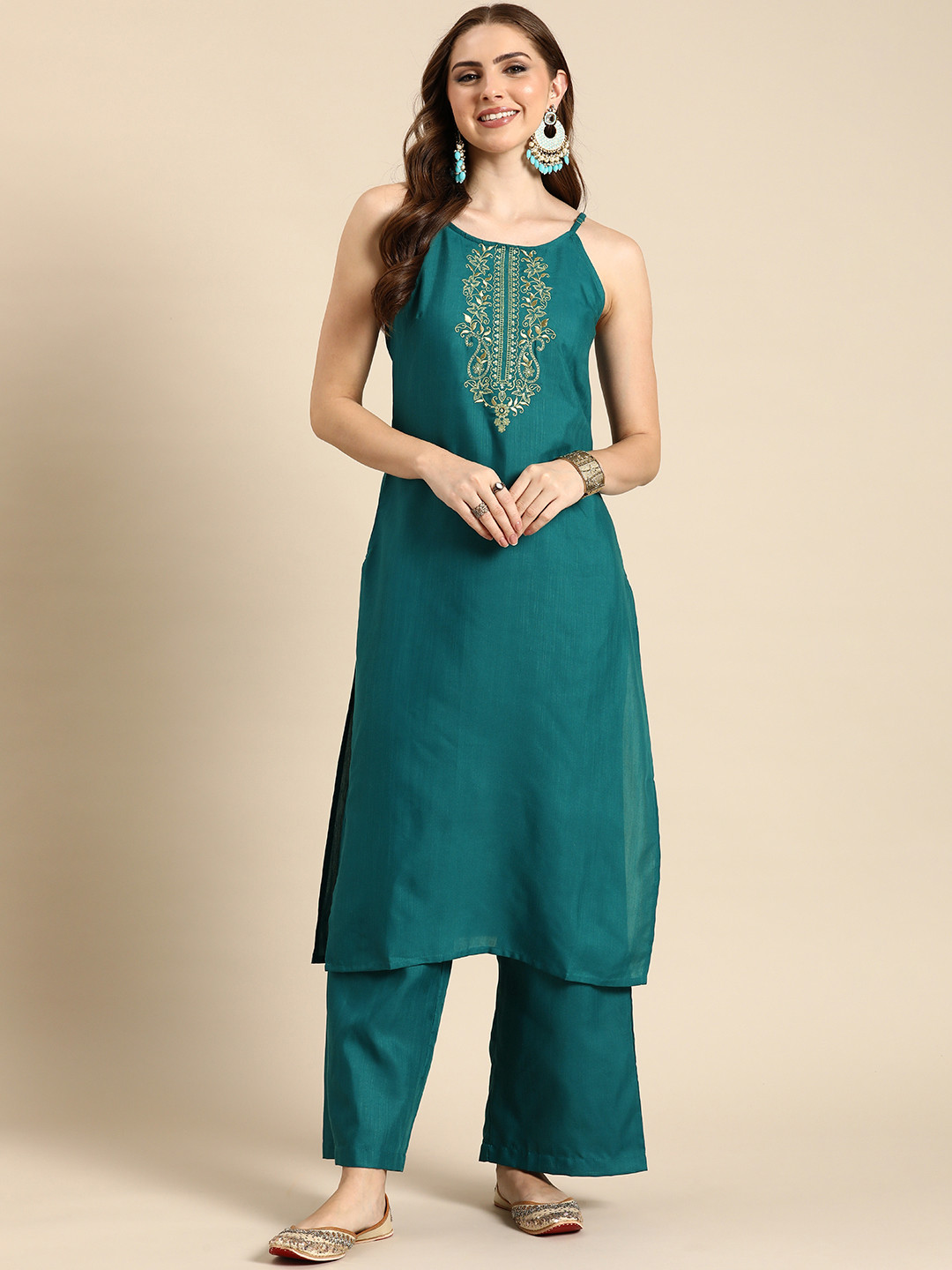 Buy Anouk Floral Yoke Design Shoulder Straps Kurta With Palazzos ...