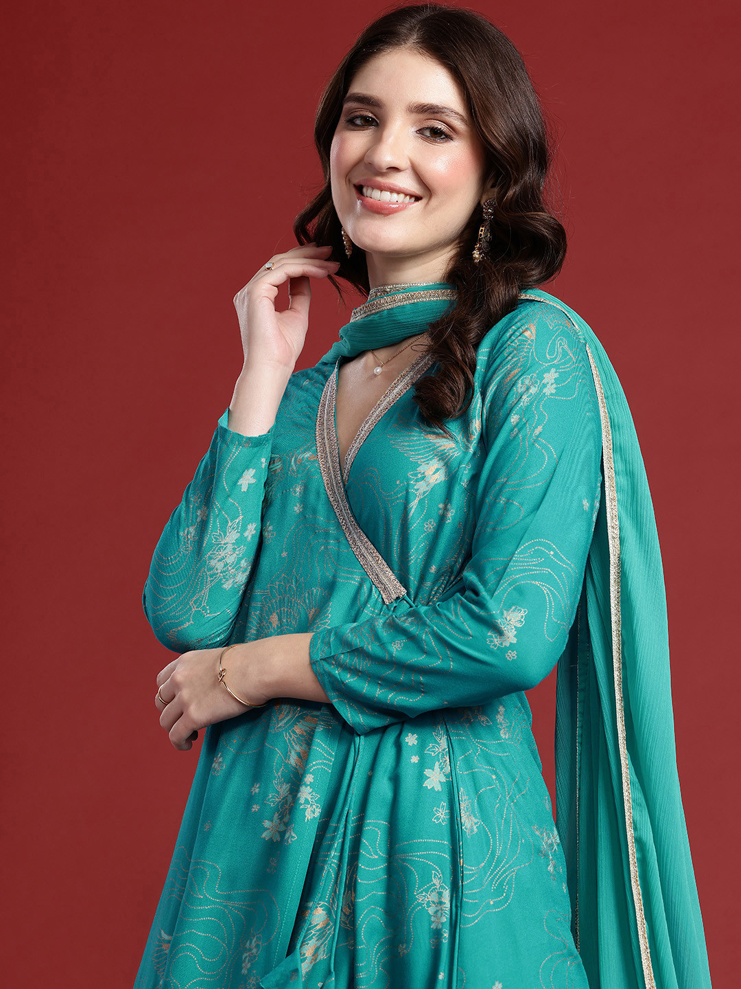 Buy Anouk Women Floral Printed Angrakha Kurta With Palazzos & With ...