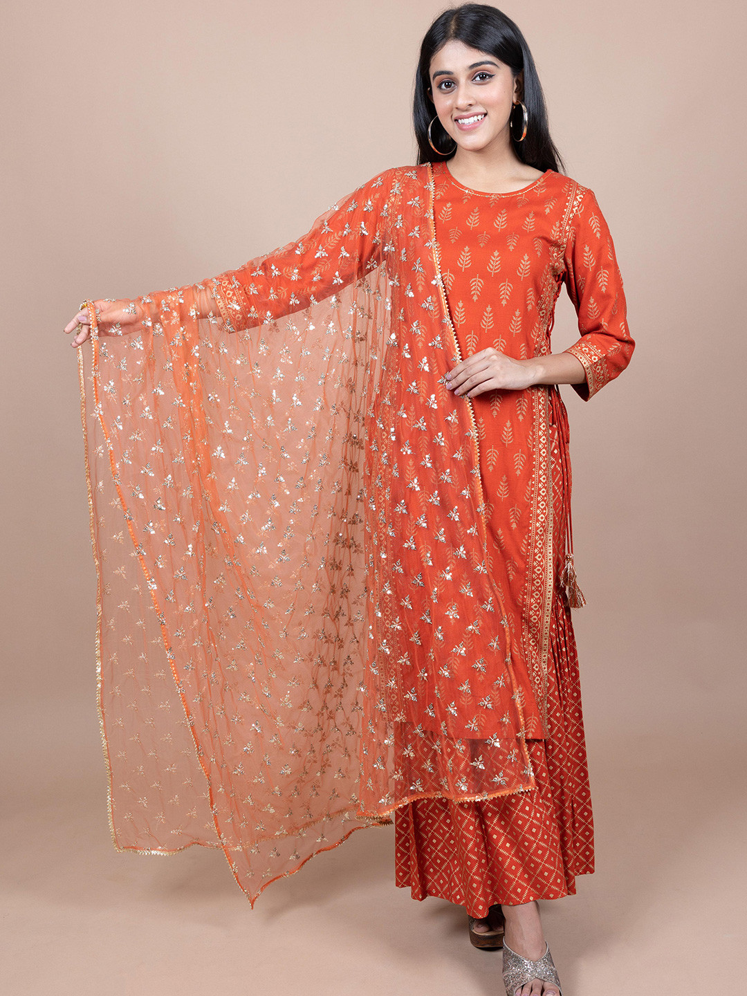 Buy HERE&NOW Orange & Gold Toned Ethnic Motifs Embroidered Dupatta ...