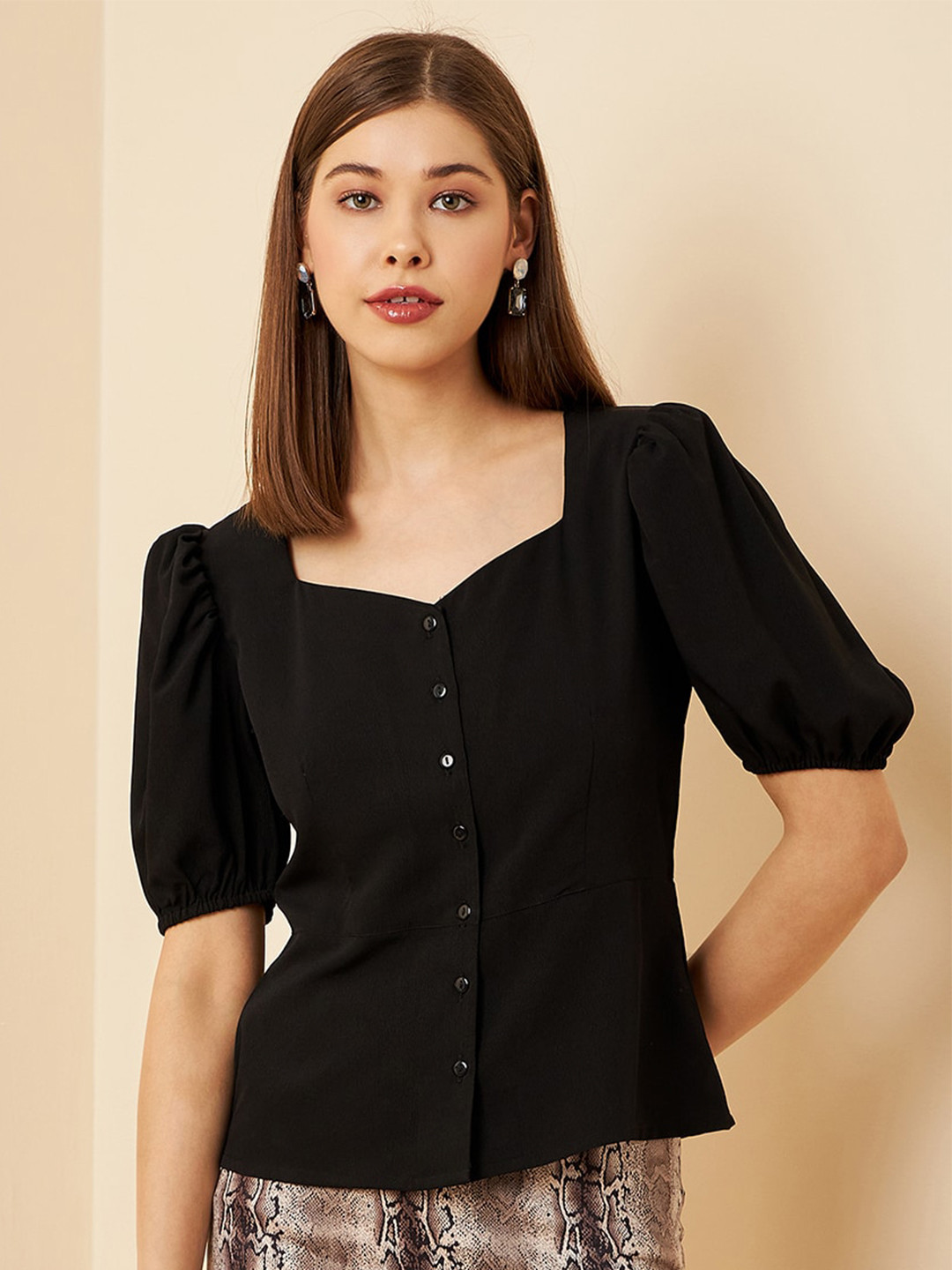 Buy RARE Black Sweetheart Neck Puff Sleeve Regular Top - Tops for Women ...