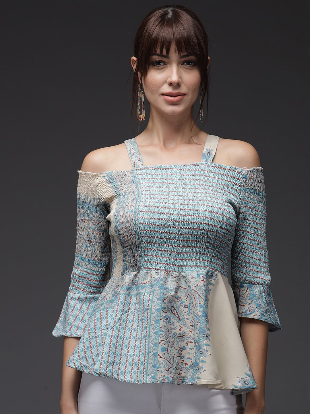 Buy BAESD Striped Shoulder Straps Smocked Bell Sleeves Empire Top ...