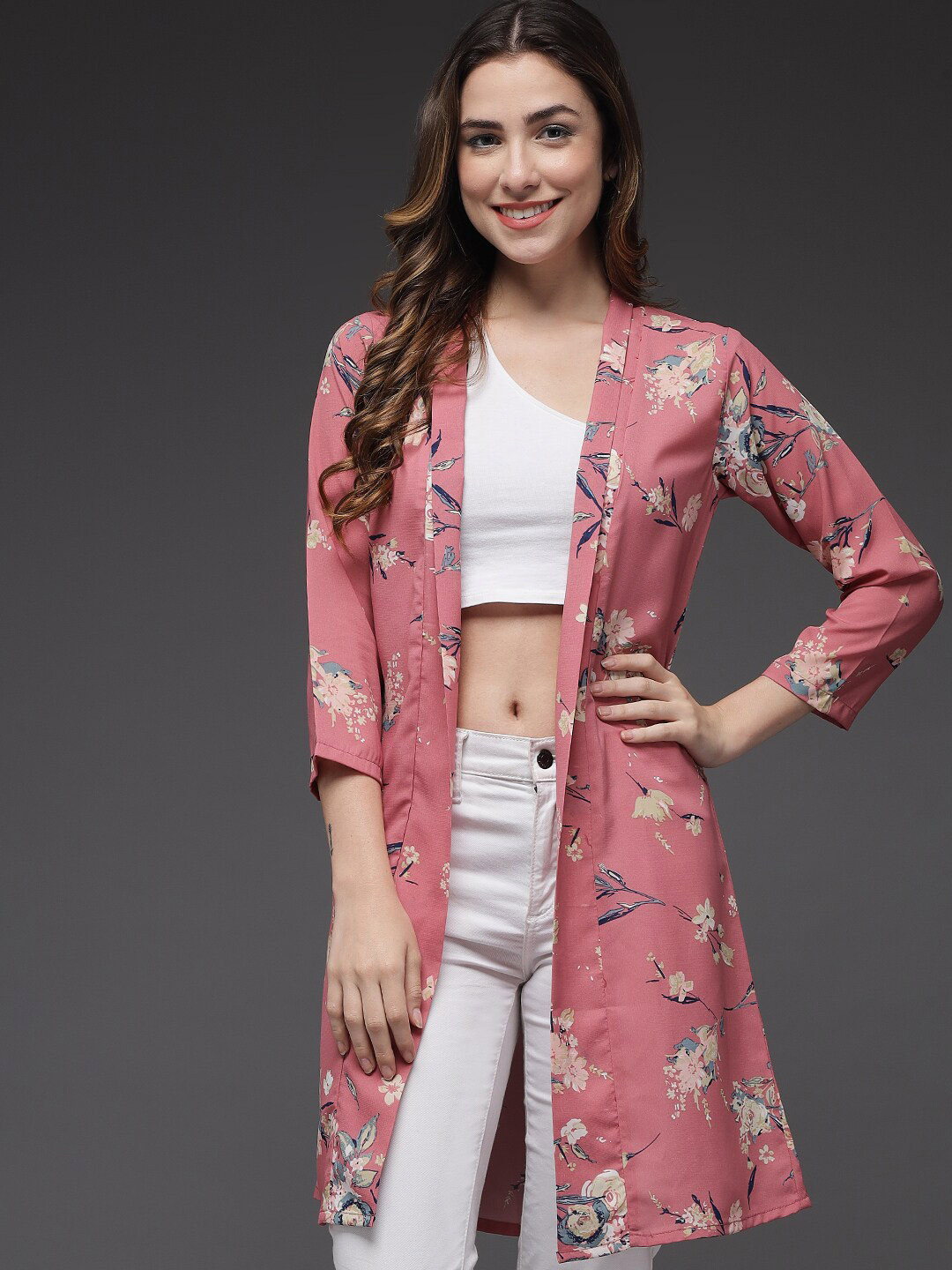 Buy BAESD Floral Printed Button Georgette Longline Shrug - Shrug for ...