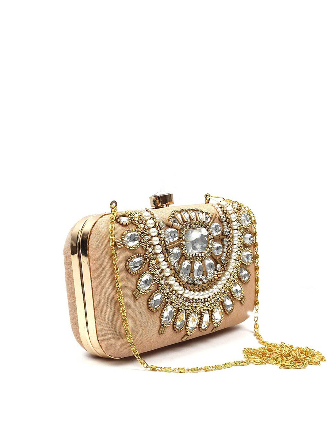 Buy FRINGES Peach Coloured & Gold Toned Embellished Box Clutch ...
