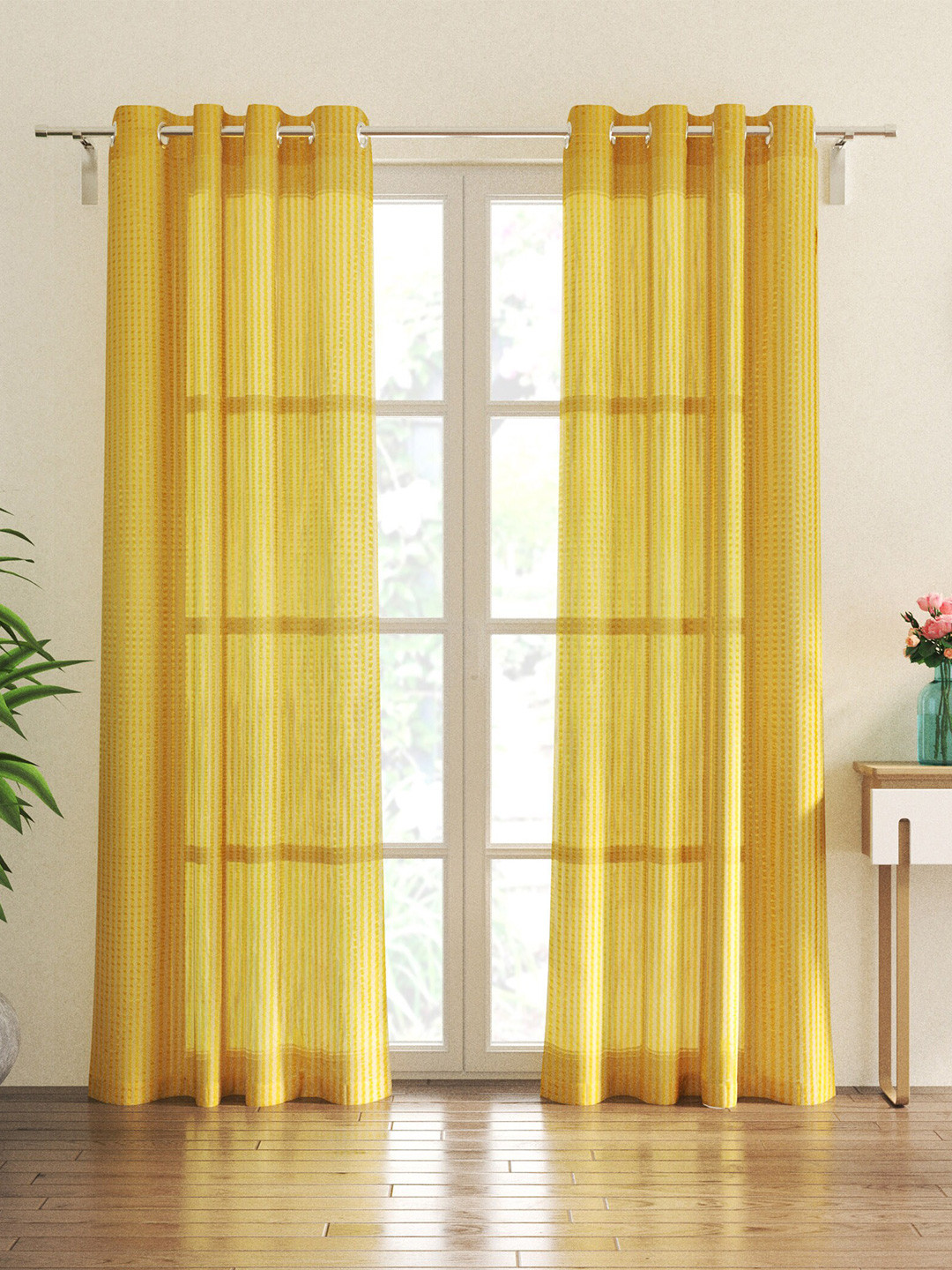 Buy Home Centre Corsica Yellow 2 Pieces Geometric Sheer Door Curtains ...