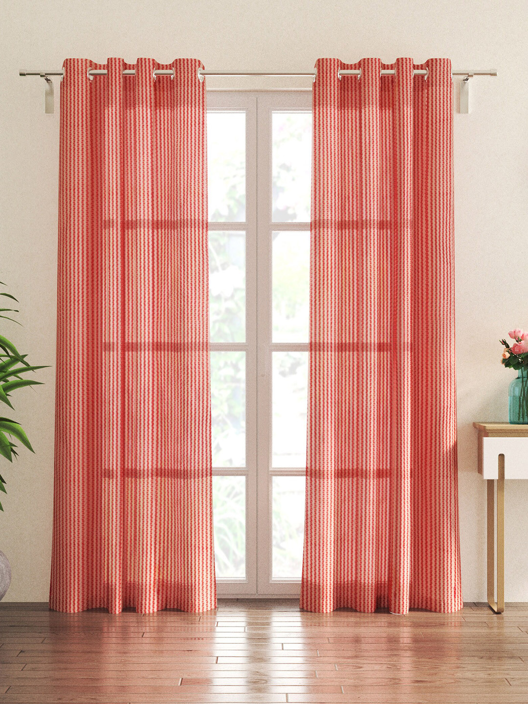 Buy Home Centre 2 Pieces Red Set Of 2 Striped Sheer Door Curtains ...