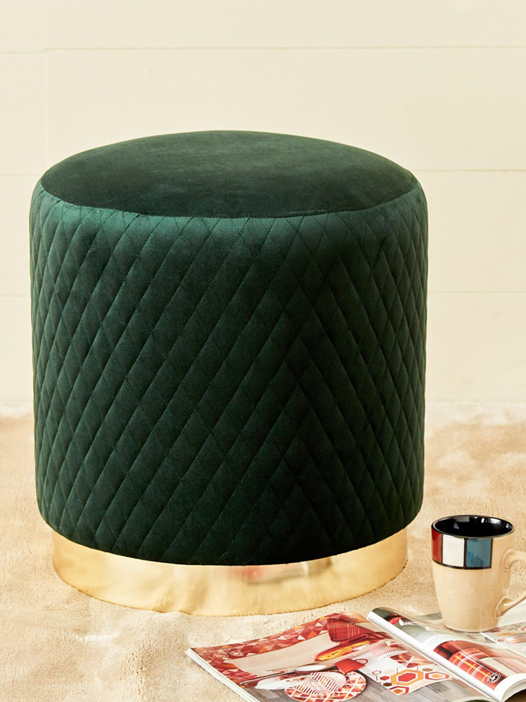 Buy Home Centre Monarch Self Design Green Round Ottoman - Ottomans for ...