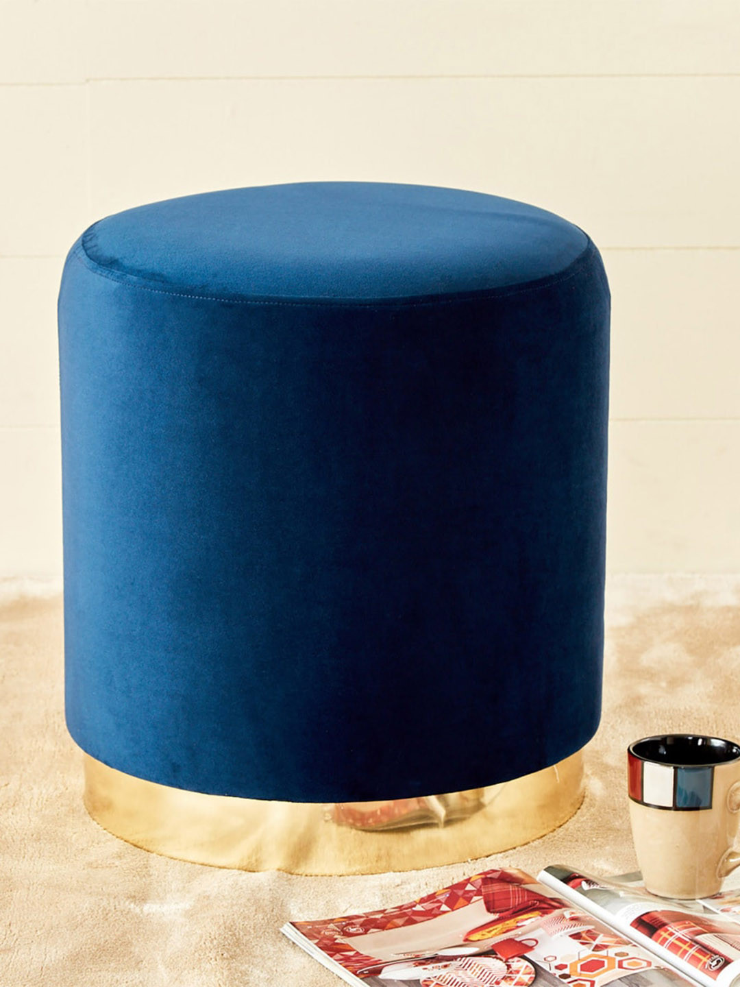 Buy Home Centre Velvetica Blue Round Ottoman - Ottomans for Unisex ...