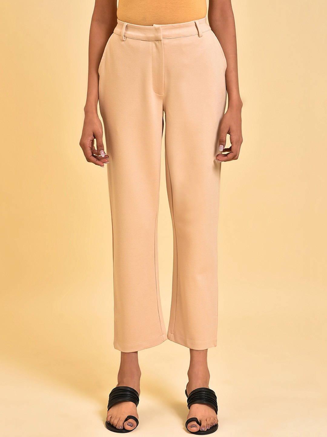 Buy W Women Beige Comfort Cropped Parallel Trousers - Trousers for ...