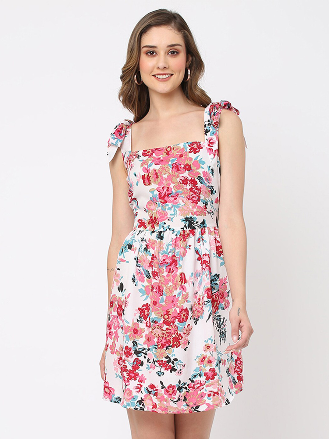 Buy MISH White And Pink Floral Printed Square Neck Fit & Flare Dress ...