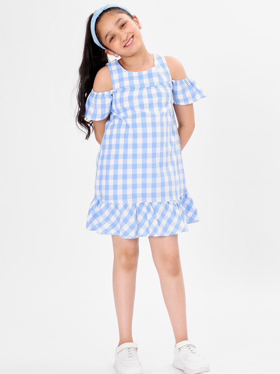 Buy BONKIDS Girls Checked Cold Shoulder Sleeve Cotton Drop Waist Dress ...