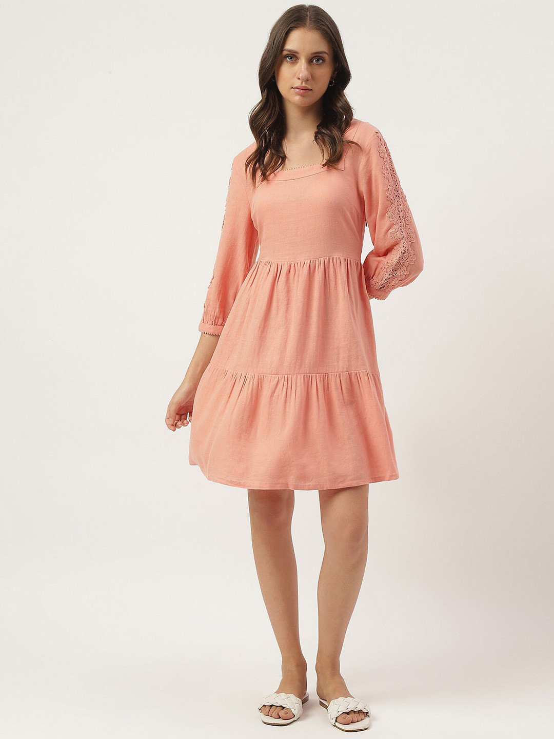 Buy Marks & Spencer Tiered Lace Up Puff Sleeves Fit & Flare Dress ...