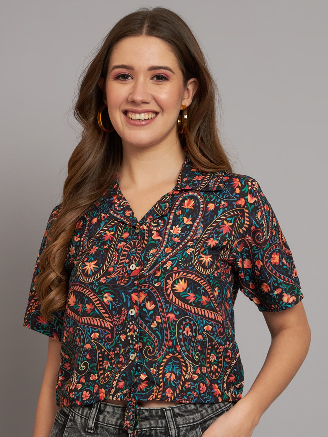 Buy The Dry State Navy Blue Ethnic Printed Crop Shirt Style Top - Tops ...