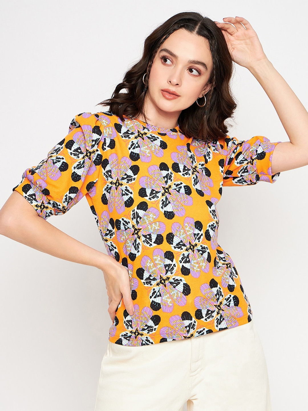 Buy Uptownie Lite Orange Floral Printed Puff Sleeves Top - Tops for ...