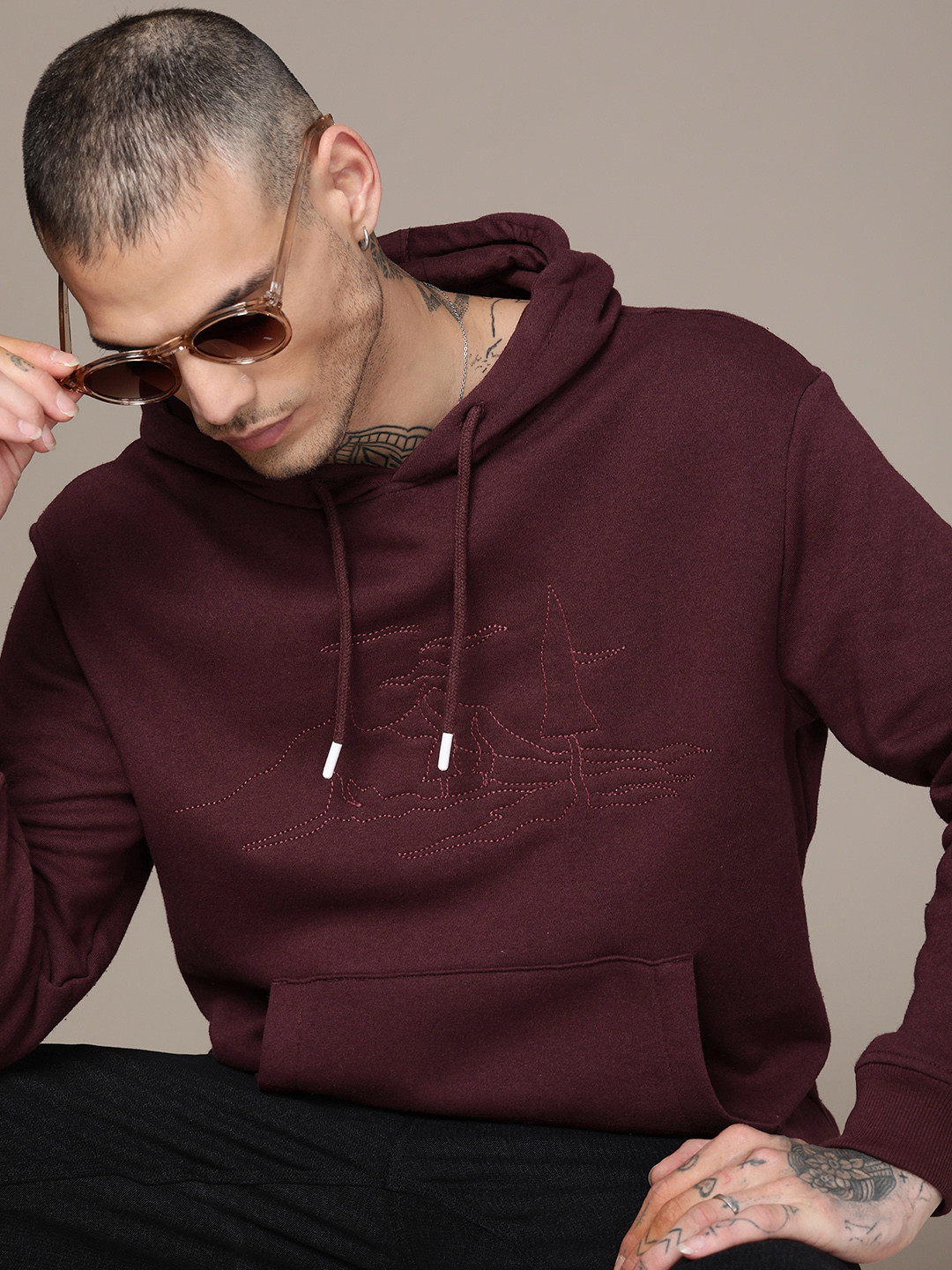 Buy WROGN Conversational Embroidered Hooded Pullover Sweatshirt ...