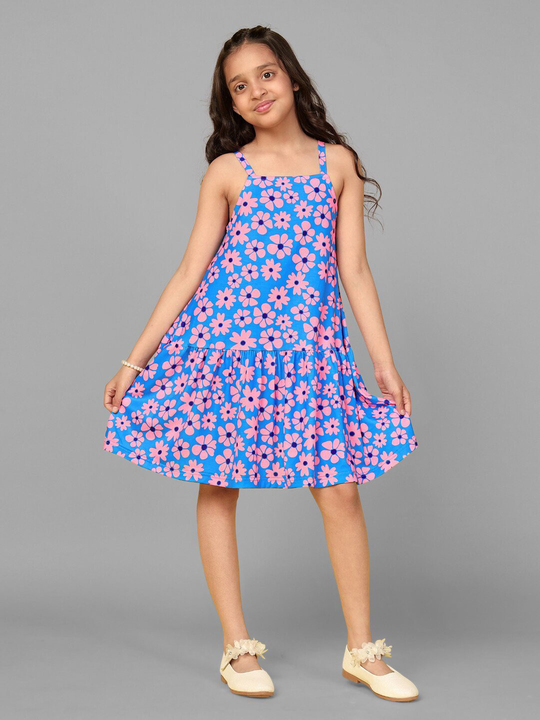 Buy FASHION DREAM Girls Floral Printed Shoulder Straps Tiered A Line ...