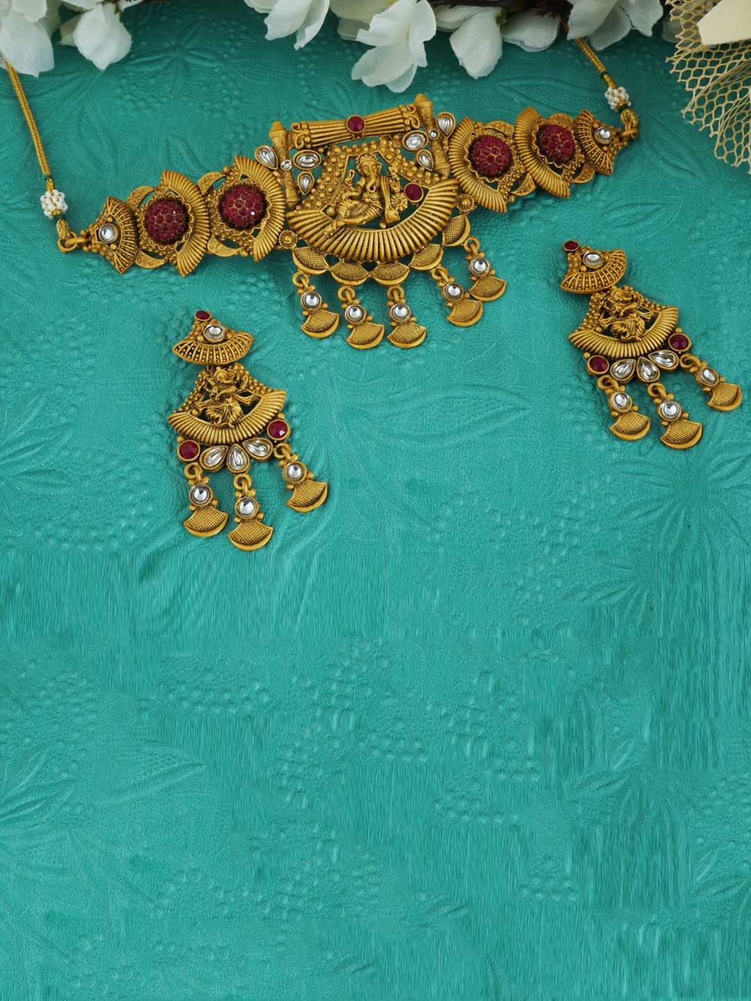 Buy MANSIYAORANGE Gold Plated Stone Studded & Beaded Temple Jewellery ...