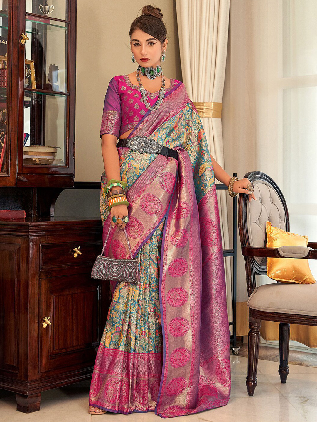 Buy Mitera Blue & Pink Ethnic Motifs Woven Design Zari Paithani Saree ...