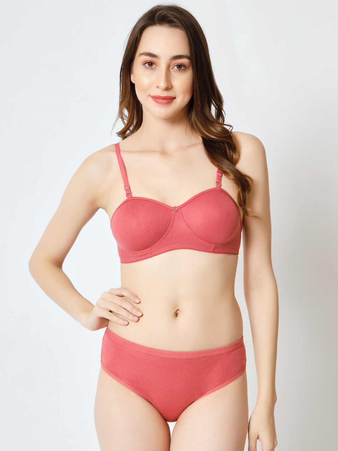 Buy Imsa Moda Lightly Padded Underwired Cotton Lingerie Set Nit Coral Set 30 - Lingerie Set for ...