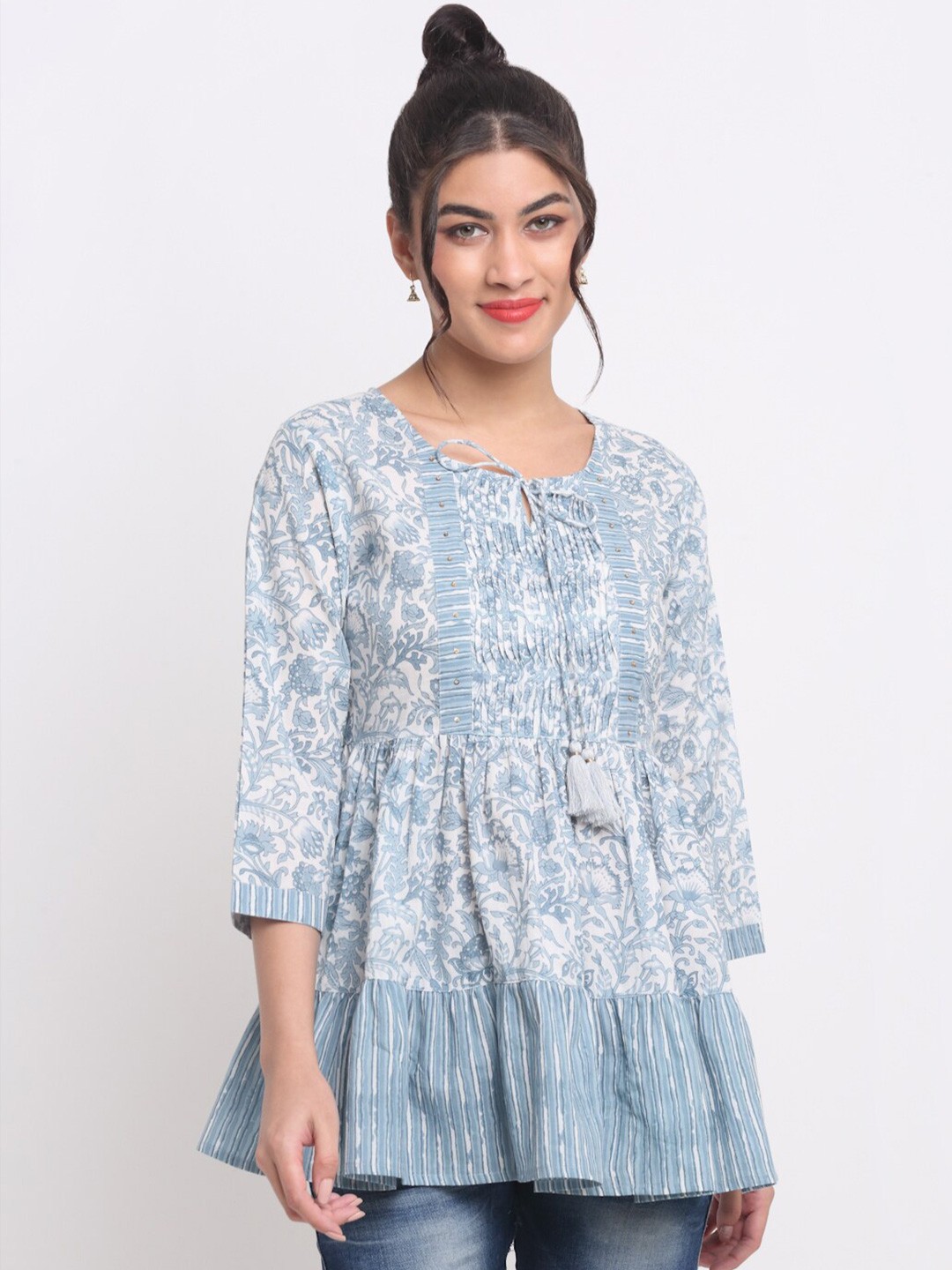 Buy Kalini Floral Printed Tie Up Neck A Line Cotton Top Tops For