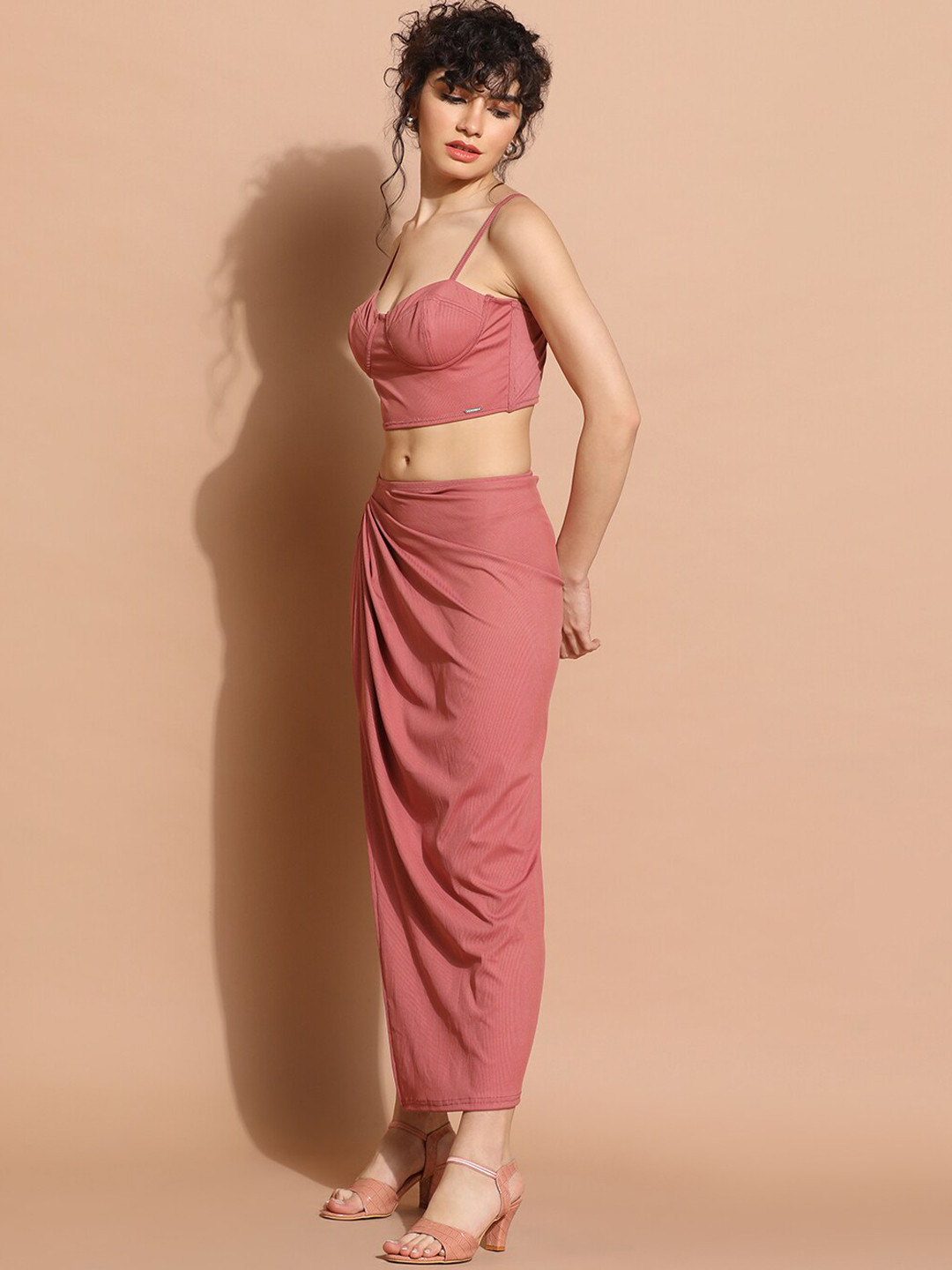 Buy Da Intimo Rust Two Piece Resort Wear Crop Top With High Slit Skirt ...