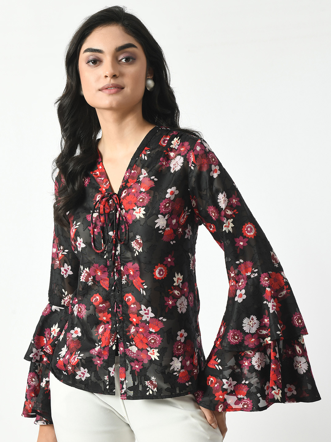 Buy Hencemade Floral Printed Tie Up Neck Bell Sleeves Georgette Shirt ...