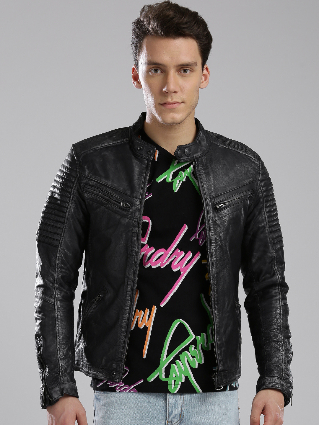 Buy Superdry Men Black Solid Leather Jacket - Jackets for Men 2360873 ...