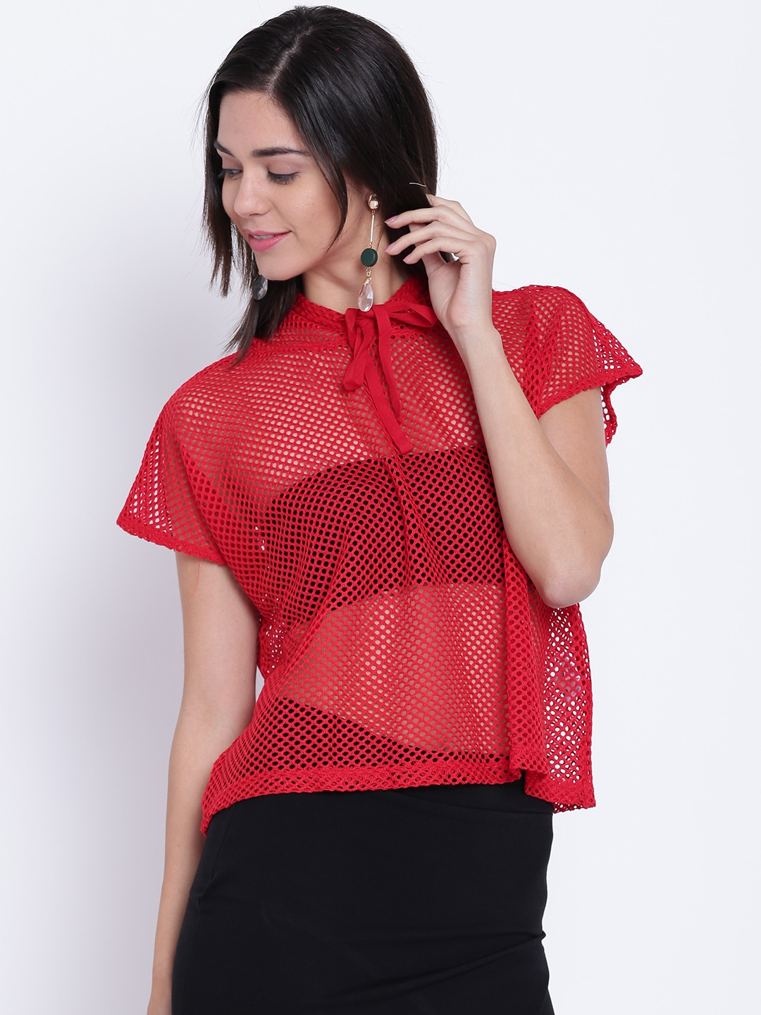 Buy FOREVER 21 Women Red Mesh Hooded Sheer Boxy Top - Tops for Women ...