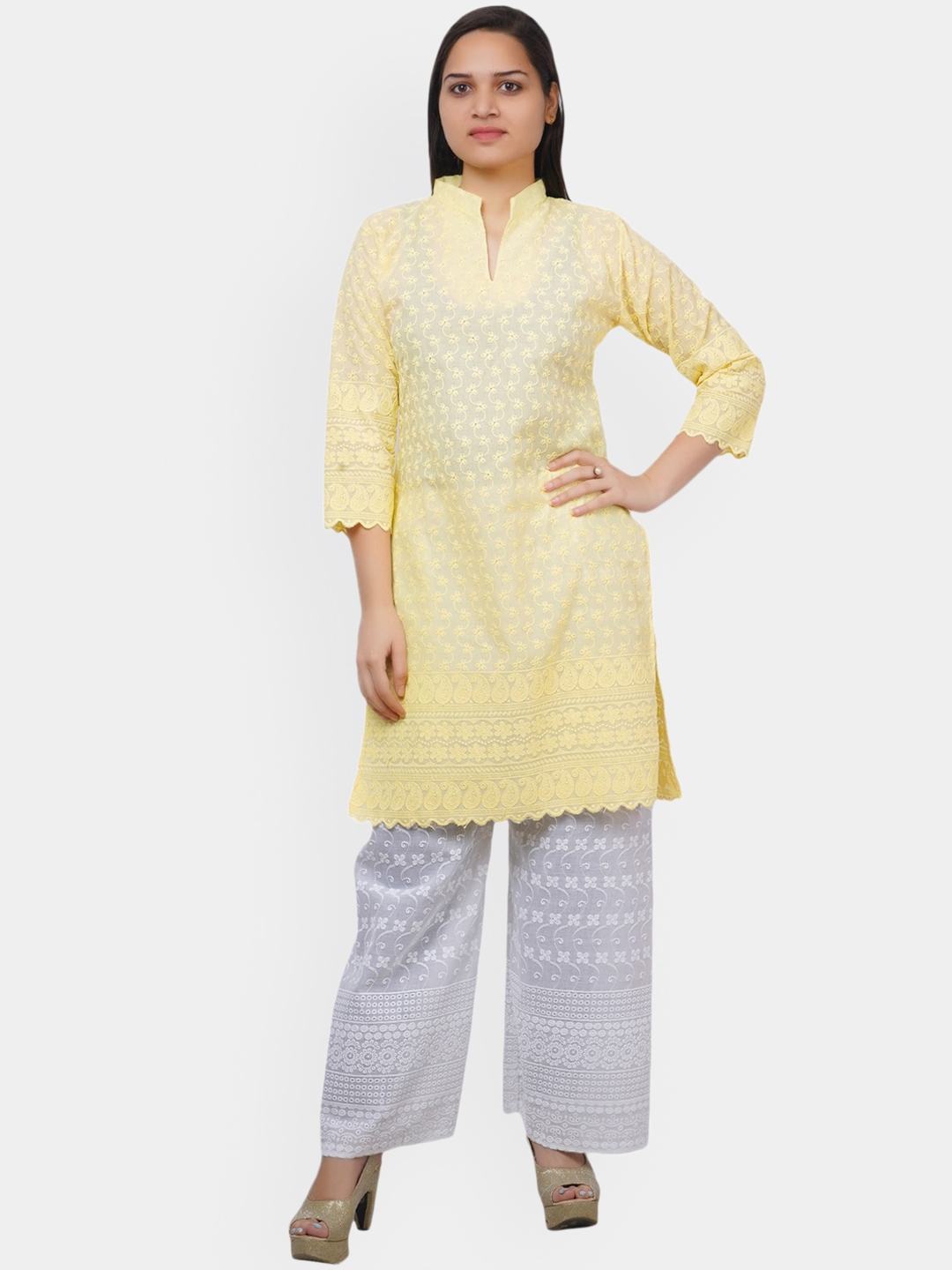 Buy Trendzmy Floral Embroidered Regular Straight Kurta With Palazzos ...