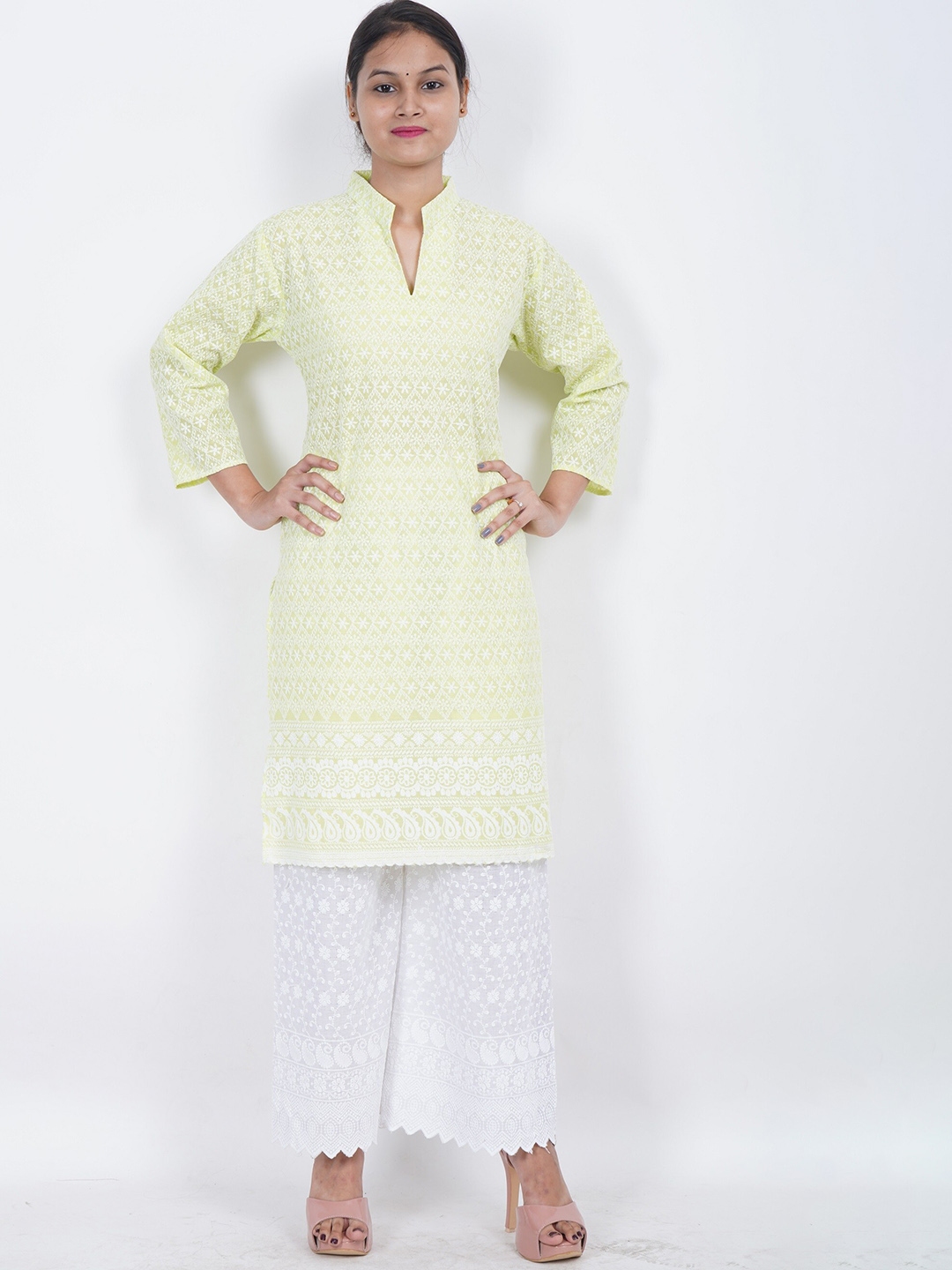Buy Trendzmy Floral Embroidered Regular Straight Kurta With Palazzos ...