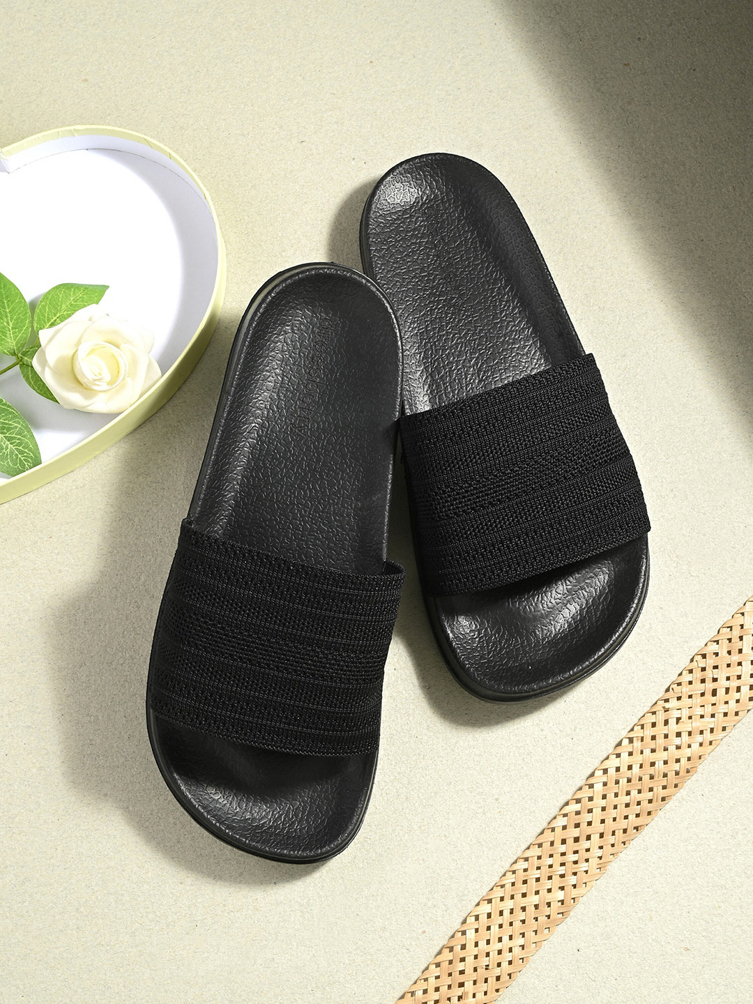 Buy DressBerry Women Black Textured Sliders - Flip Flops for Women ...