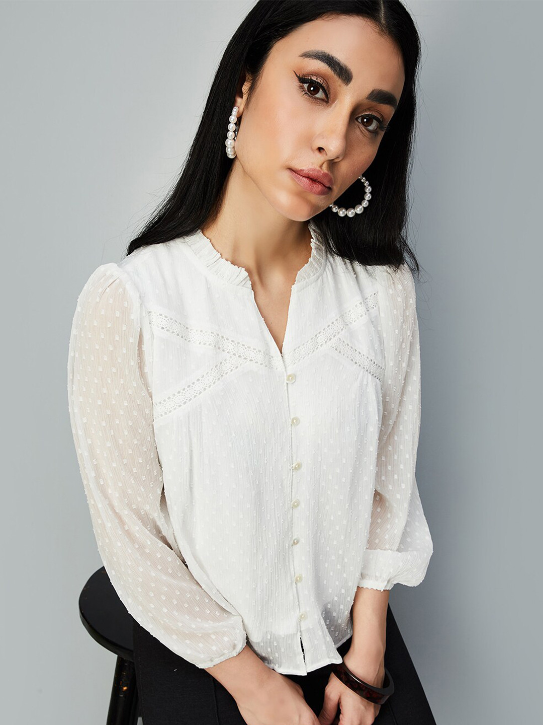 Buy Max Self Design Mandarin Collar Puff Sleeve Shirt Style Top - Tops ...