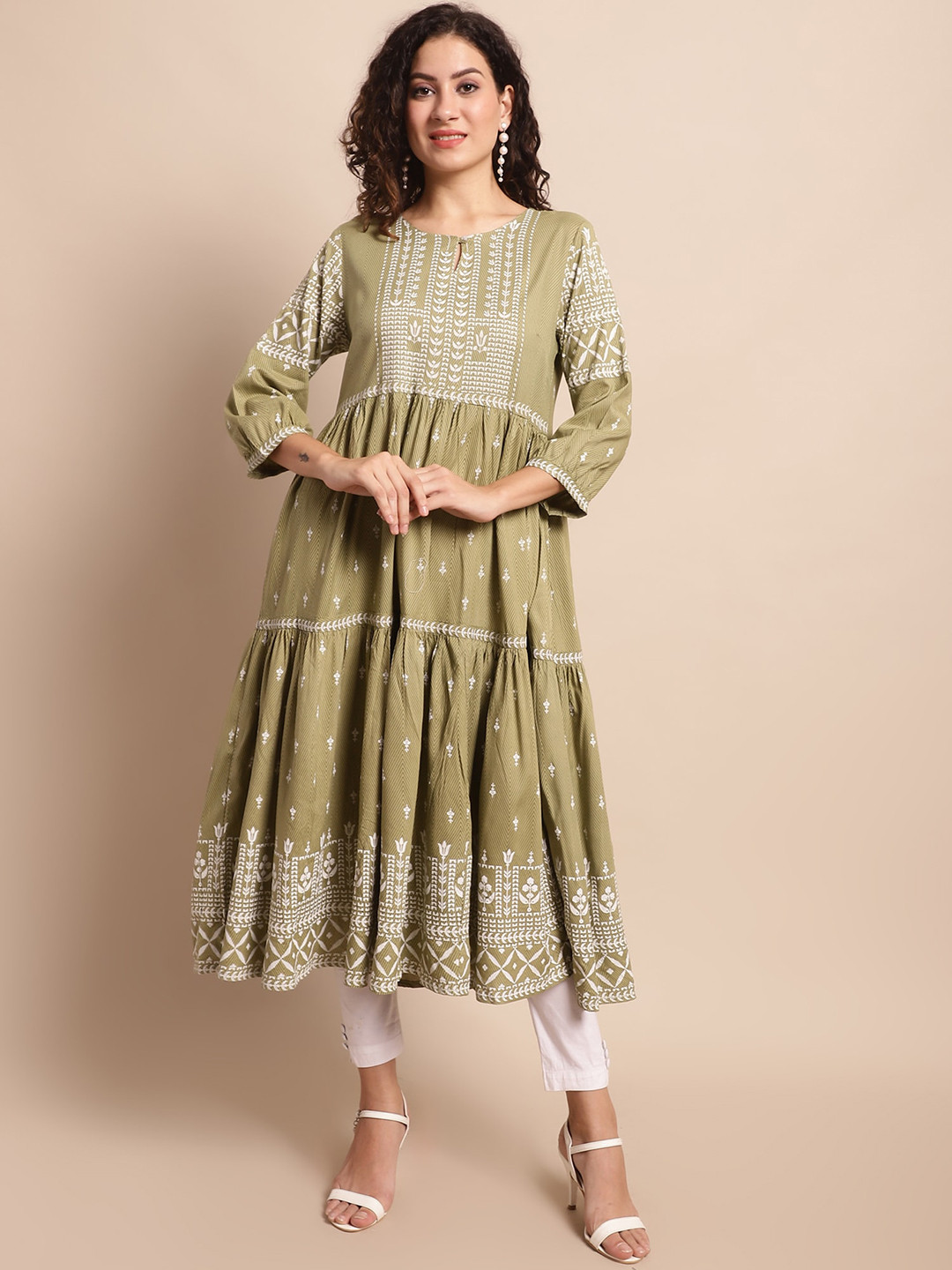 Buy Cantabil Ethnic Motifs Printed Key Hole Neck Flared Kurta - Kurtas ...