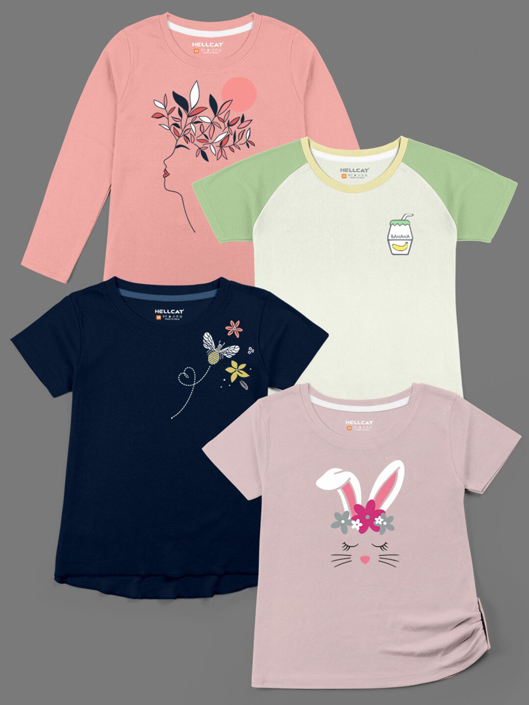 Buy HELLCAT Girls Pack Of 4 Printed Cotton T Shirts - Tshirts for Girls ...