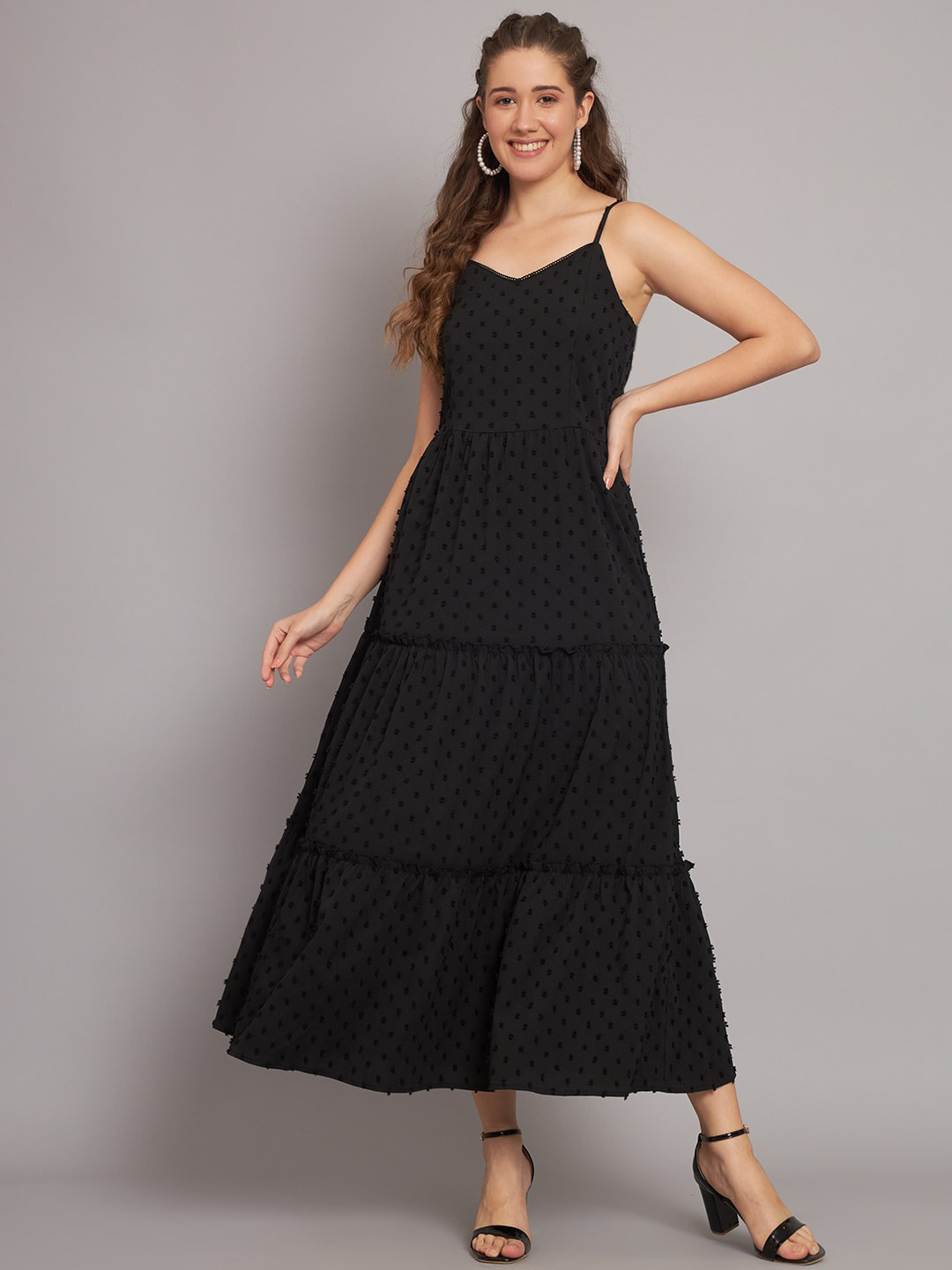 Buy The Vanca Black Self Designed Shoulder Strap Neck Tiered Dobby Fit ...