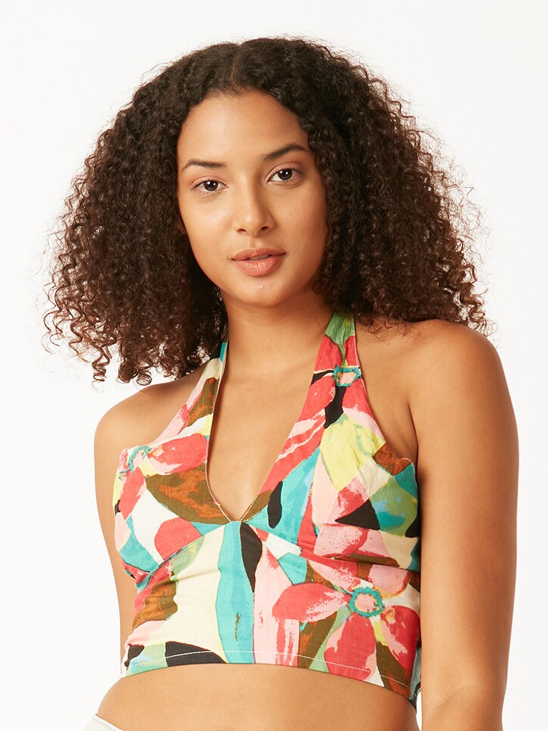 Buy Forever 21 Beige And Red Floral Printed Tie Up Neck Smocked Detailed