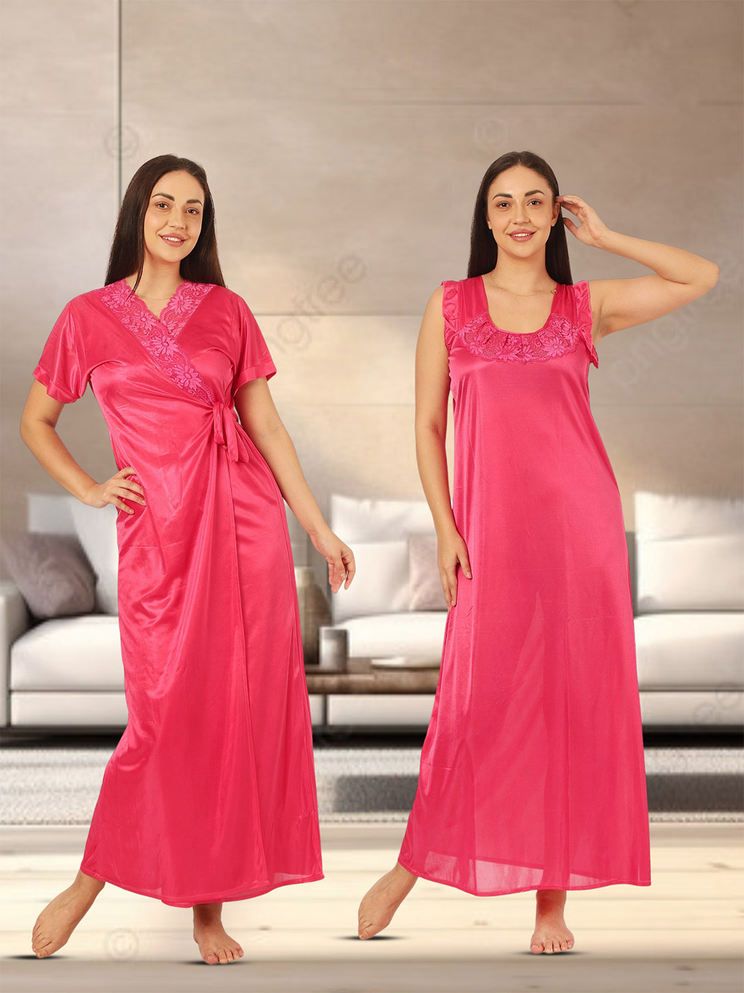 Buy Noty Pack Of 2 Satin Maxi Wrap Nightdress - Nightdress for Women ...