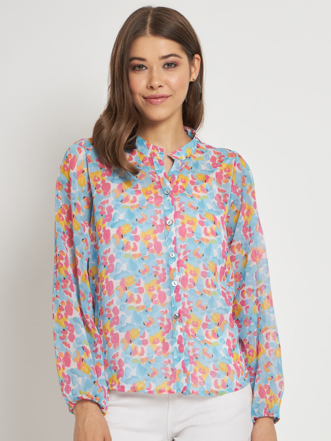 Buy ANVI Be Yourself Blue & Pink Floral Printed Classic Sheer Shirt ...