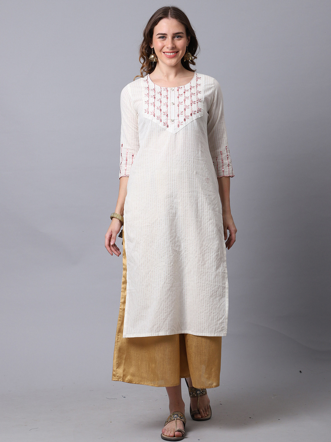 Buy Roly Poly Floral Embroidered Thread Work Detail Yoke Design ...