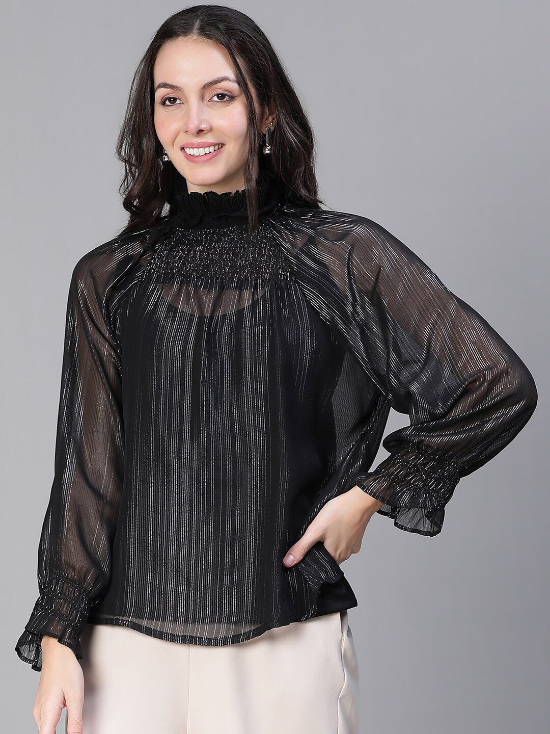 Buy Oxolloxo Striped Smocked Sheer High Neck Chiffon Regular Top - Tops ...