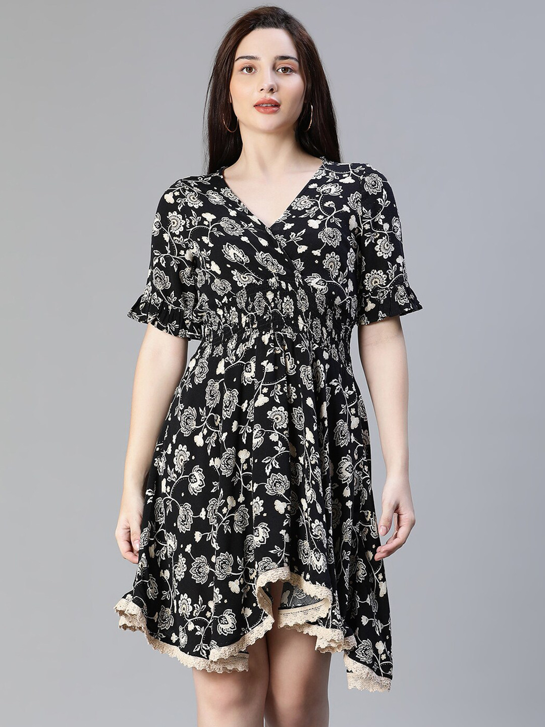 Buy Oxolloxo Floral Printed Smocked Waist Asymmetric Hemline Empire Dress - Dresses for Women ...